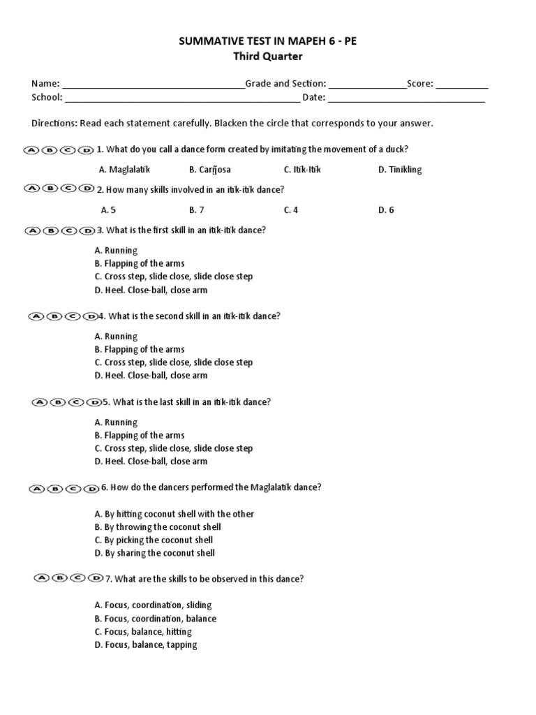 MAPEH Assessment (PE 3rd Quarter) | PDF | Performing Arts | Dances
