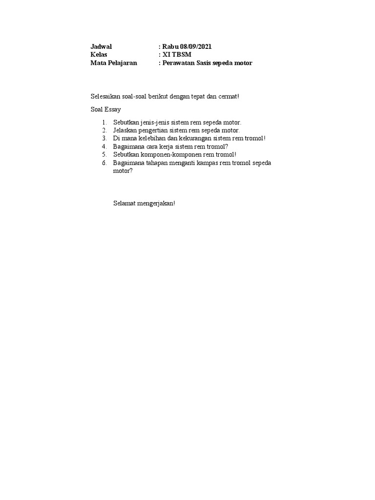 Soal Essay Perawatan Sasis Motor Kelas XI | PDF