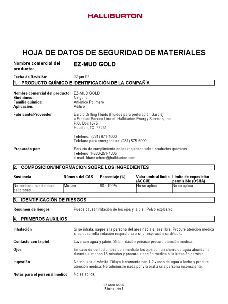 Ez-Mud Gold Msds SP | PDF | Toxicidad | Combustión