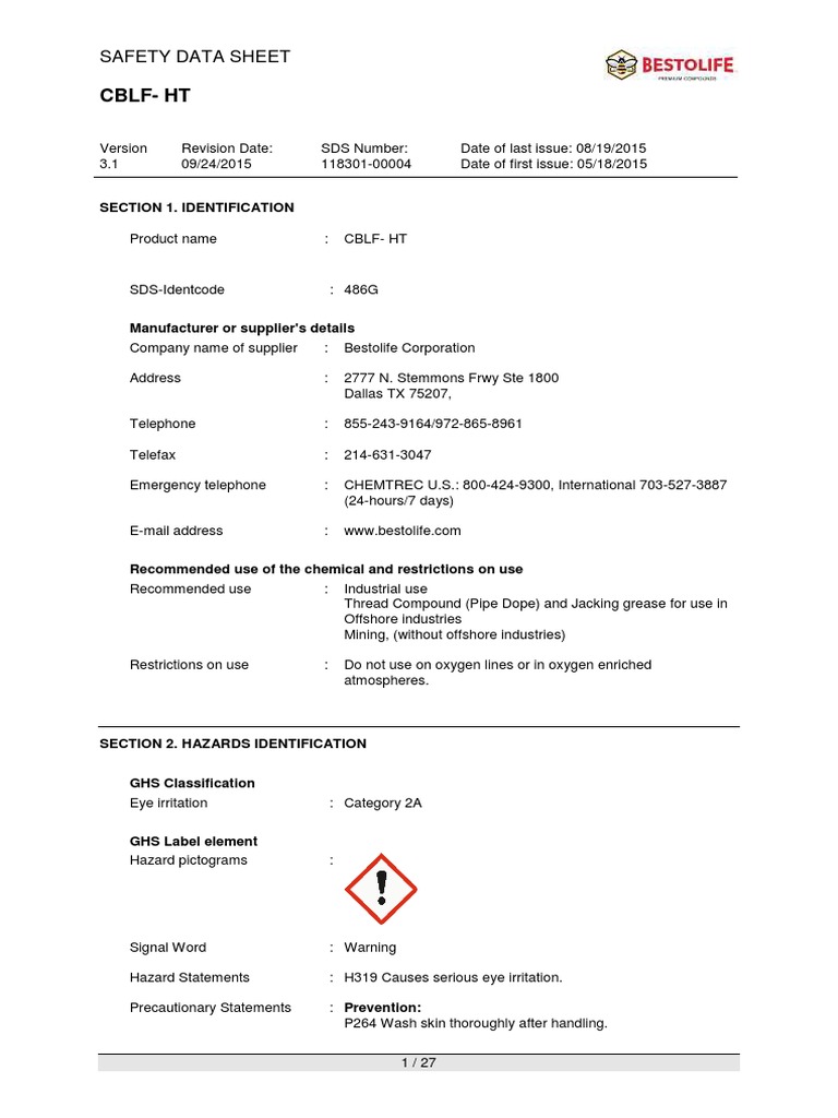 CBLF-HT 2000 Grasa Msds | PDF | Toxicity | Workplace