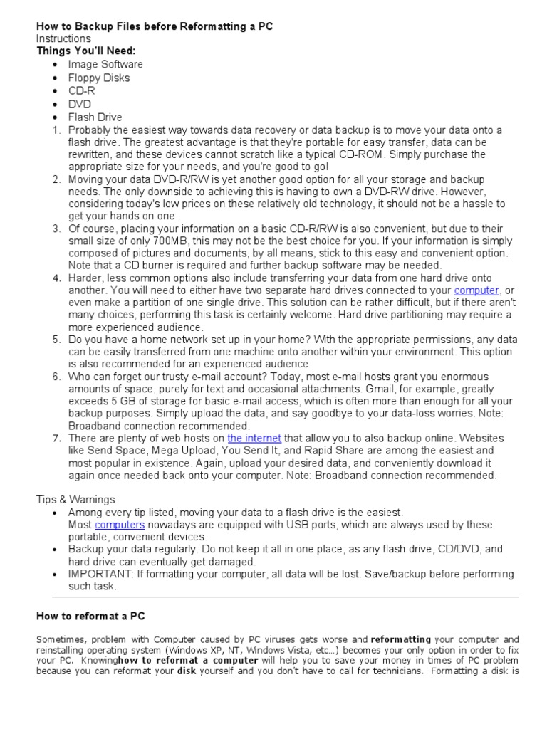 How To Backup Files Before Reformatting A PC | PDF | Booting ...