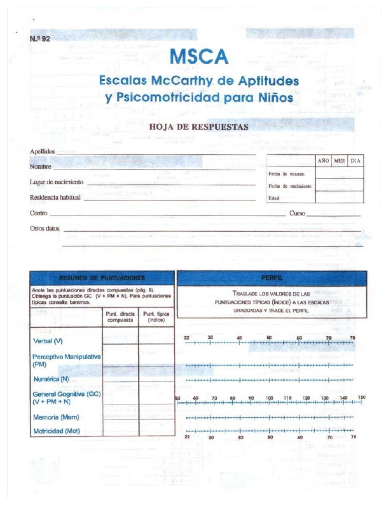 Test De Mccarthy , MSCA, Escalas McCarthy de aptitudes y ...