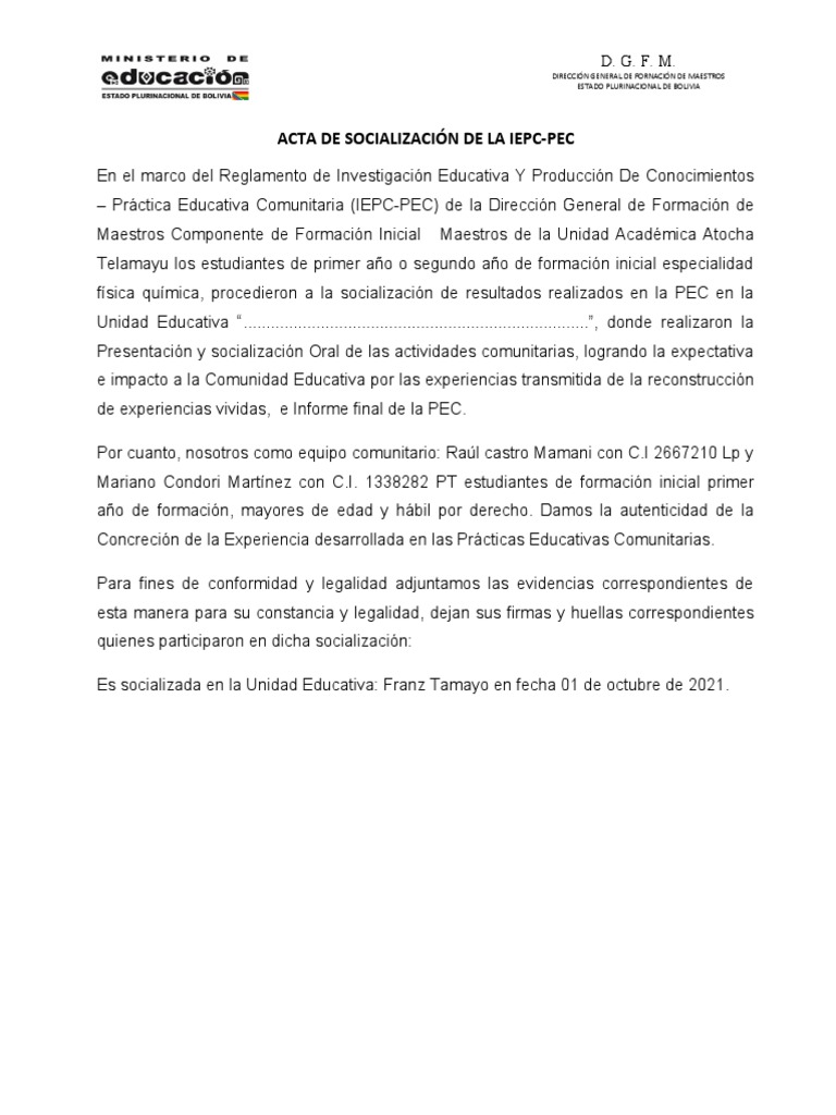 Actas de Socializacion de La Pec 2021 | PDF