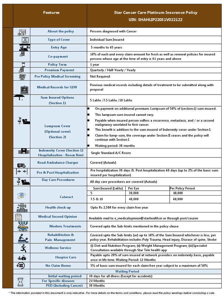 Star Cancer Care Platinum One Pager | PDF | Insurance | Cancer