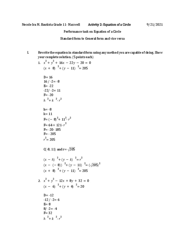 Bautista - Performance Task On Equation of A Circle | PDF | Equations ...