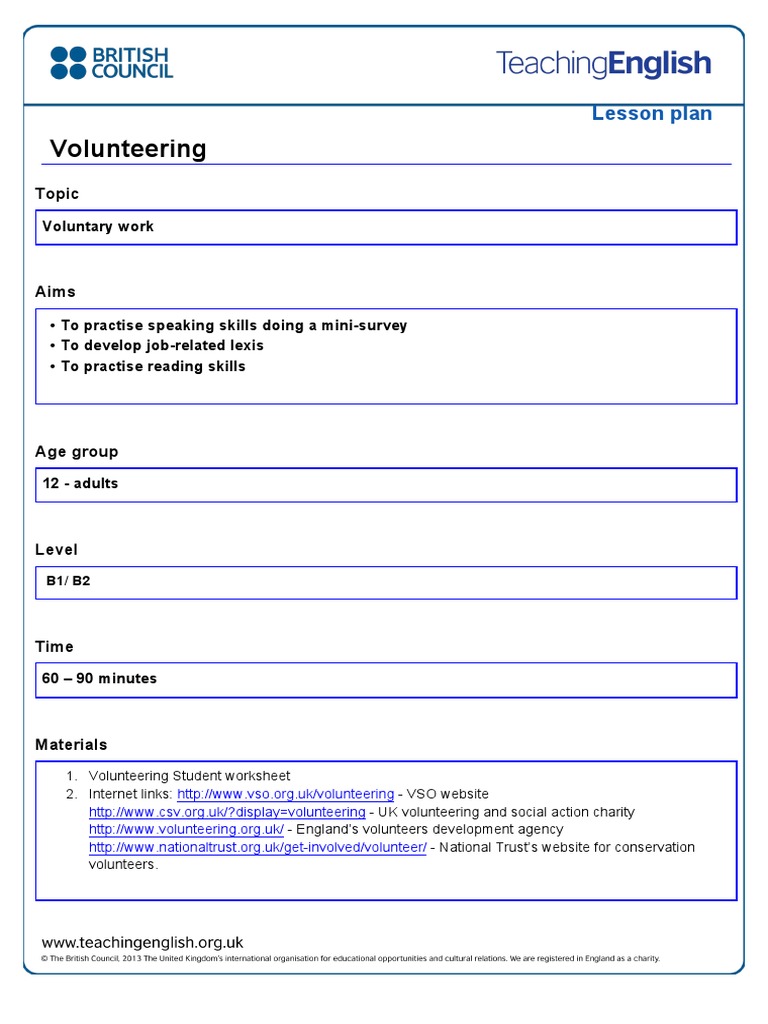 Volunteering Lesson Plan | PDF | Volunteering | Lesson Plan