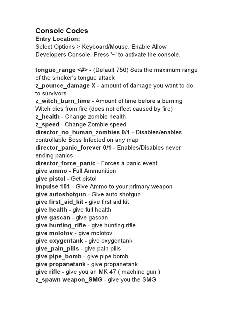 Console Codes: Select Options Keyboard/Mouse. Enable Allow Developers ...