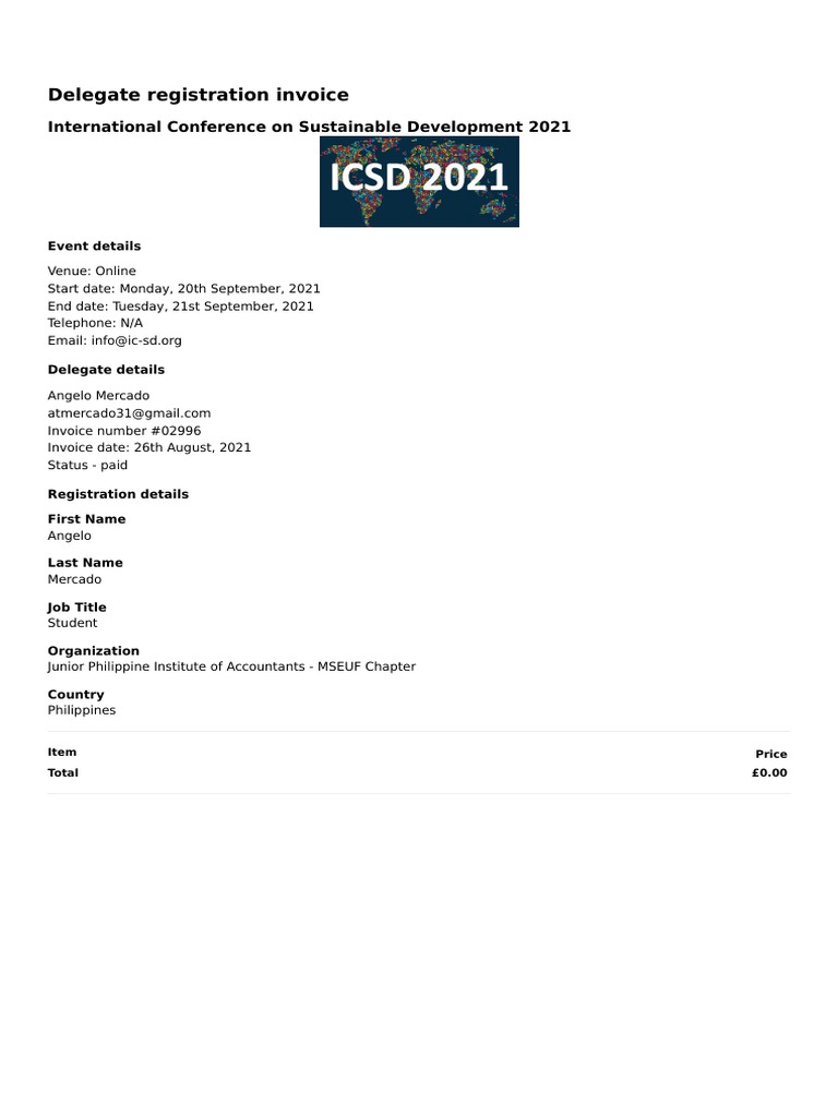 Registration Invoice for Angelo Mercado to Attend the International ...