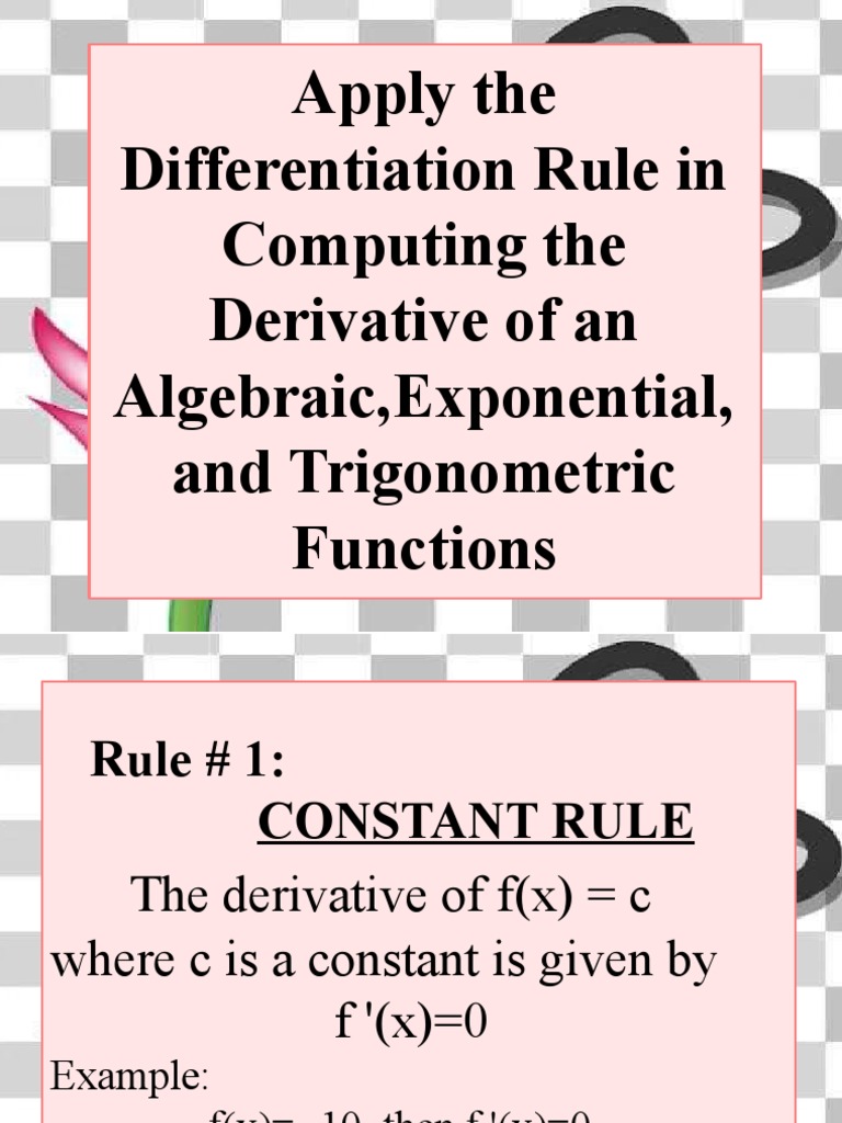 Apply The Differentiation Rule in Computing The Derivative of An Algebraic, Exponential, and ...