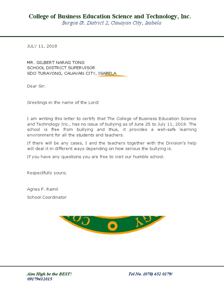 Certification of Anti-Bullying | PDF