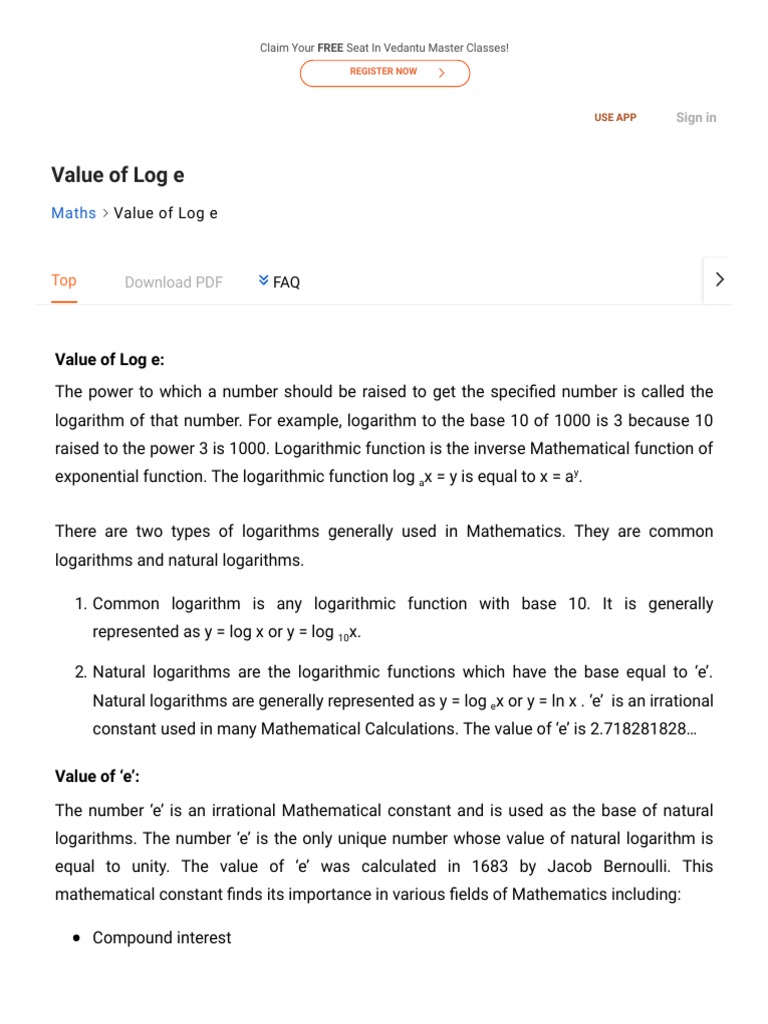 Value of Log e - Introduction, Properties, Log Table & Values | PDF ...