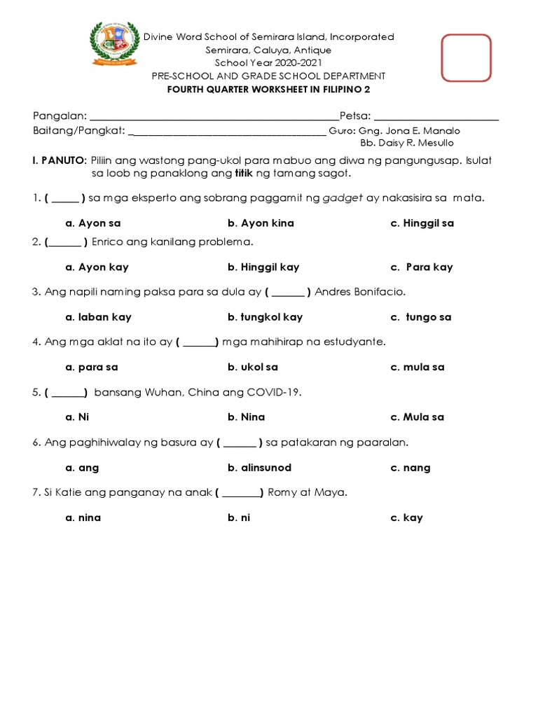 4th Quarter Assessment in Fil. 2 | PDF