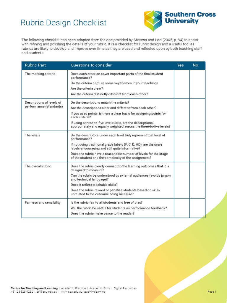 Rubric Design Checklist: Rubric Part Questions To Consider Yes No | PDF ...