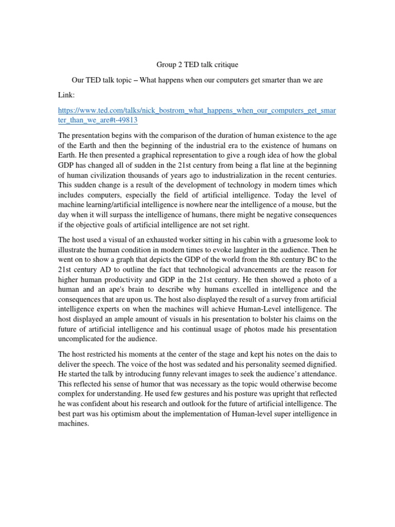 TED Talk Critique | PDF | Artificial Intelligence | Intelligence (AI) & Semantics