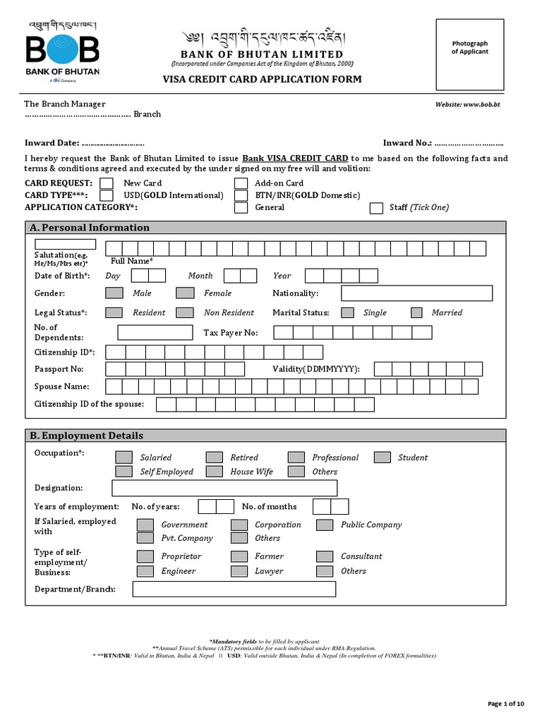 Bank of Bhutan Limited Visa Credit Card Application Form | PDF | Credit Card | Automated Teller ...
