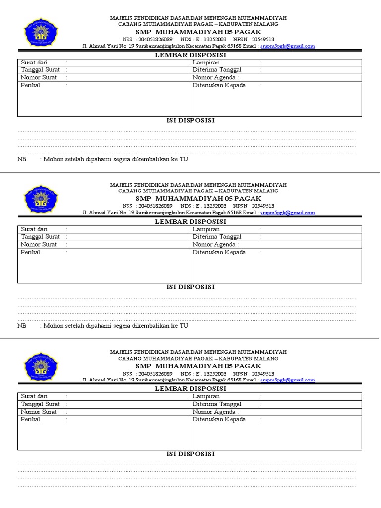 Contoh Lembar Disposisi Surat Masuk | PDF