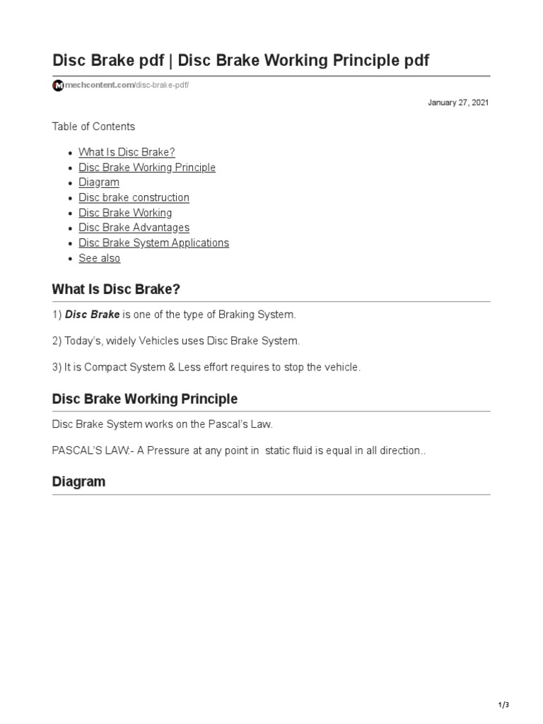 Disc Brake PDF Disc Brake Working Principle PDF | PDF | Brake | Equipment