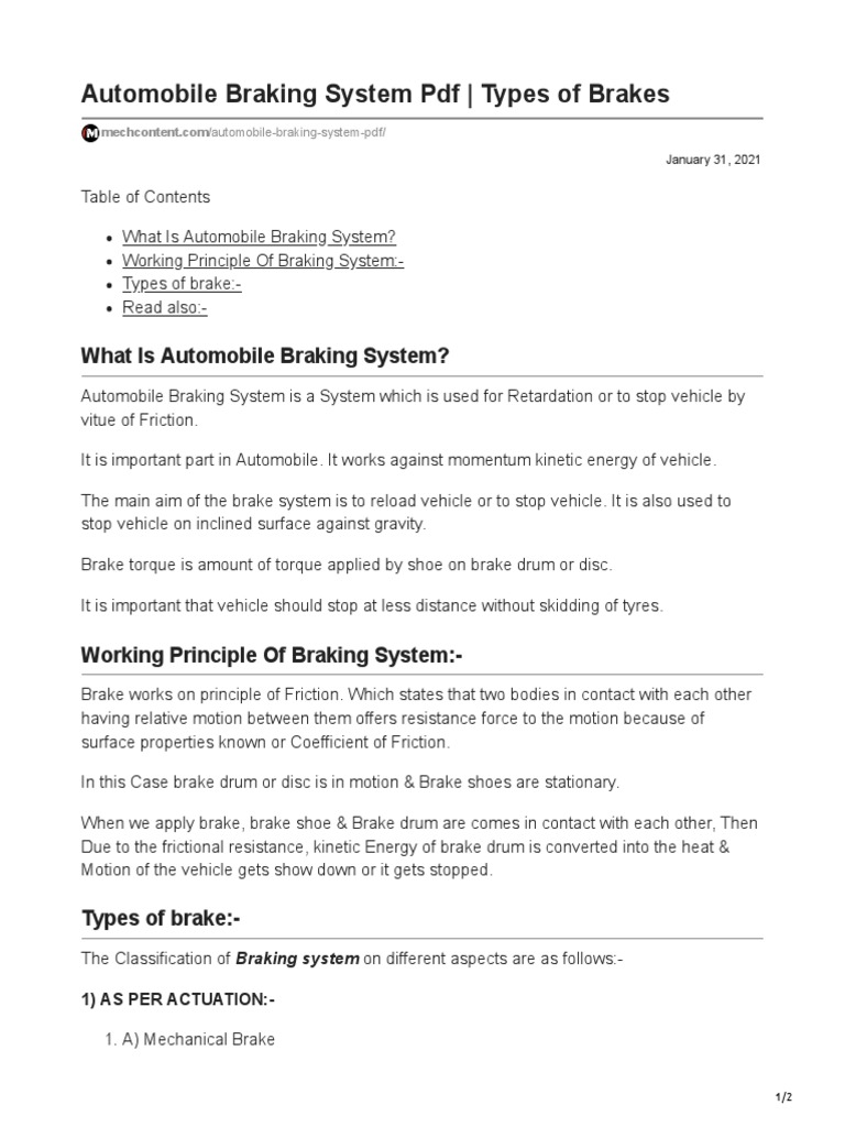Automobile Braking System PDF Types of Brakes | PDF | Technology ...