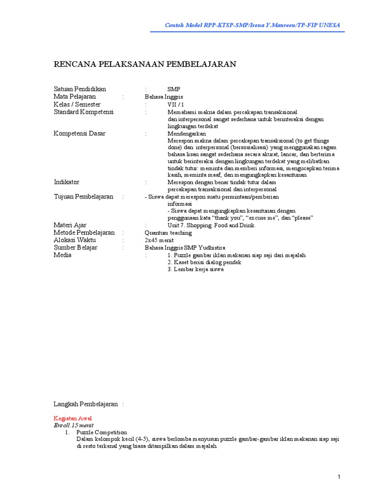 Contoh RPP KTSP SMP | PDF | Karier & Perkembangan | Seni & Disiplin Bahasa