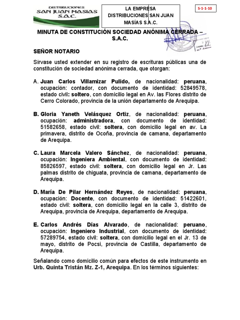 Minuta de Constitucion de La Empresa Distribuidora | PDF | Conceptos legales | Empresas
