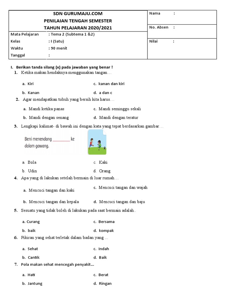 Soal Pts Kelas 1 Tema 2 Sub 1 Dan 2 | PDF