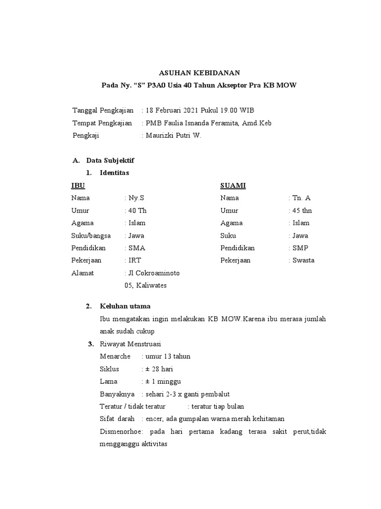 Asuhan Kebidanan: KB MOW pada Ny. S | PDF