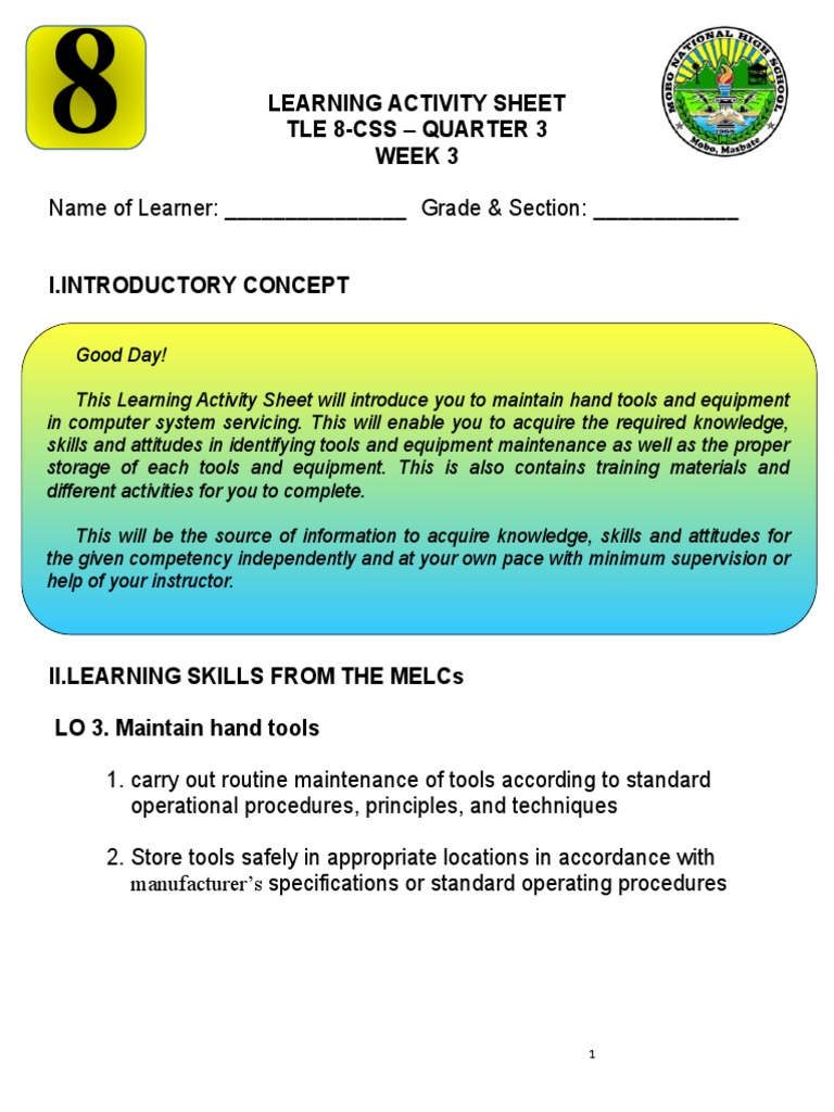 Learning Activity Sheet Tle 8-Css - Quarter 3 Week 3 | PDF | Learning ...