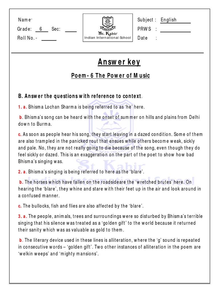 Answer Key: Poem-6 The Power of Music | PDF