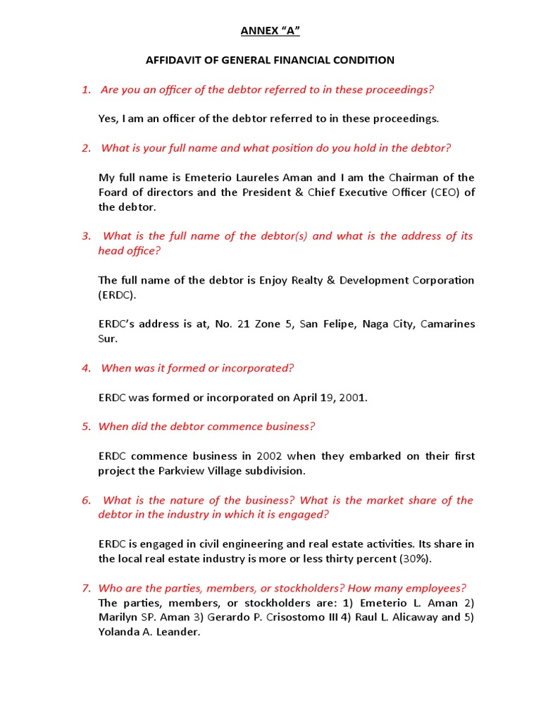 Affidavit of General Financial Condition | PDF | Debt | Loans