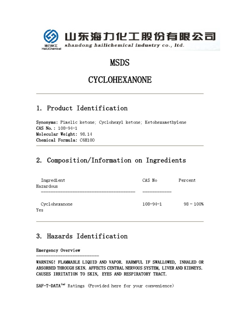 Msds Cyclohexanone: 1. Product Identification | PDF | Water | Breathing