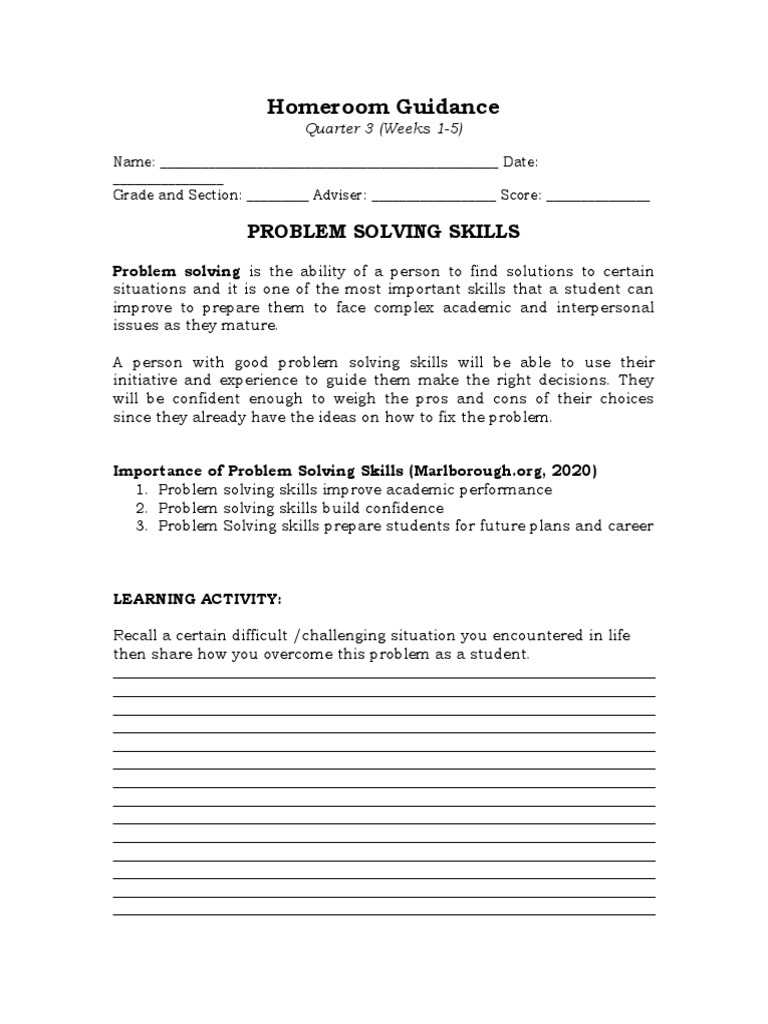 Homeroom Guidance: Problem Solving Skills | PDF | Goal | Community