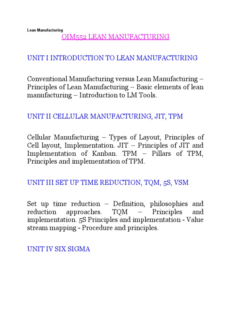 Unit I Introduction To Lean Manufacturing | PDF | Lean Manufacturing ...