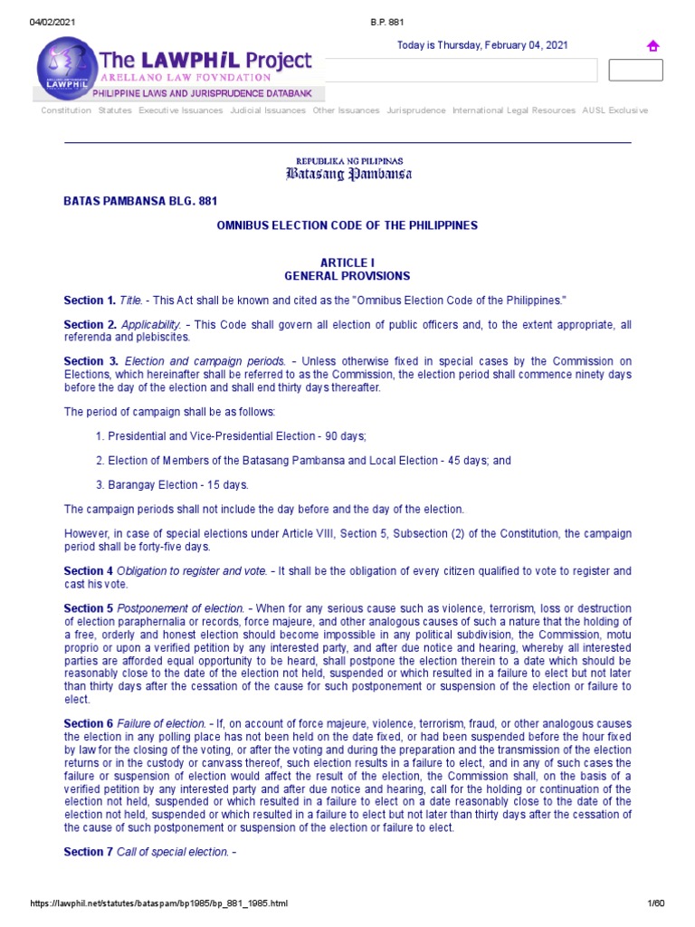 B.P. 881 - Omnibus Election Code of The Philippines | PDF | President ...