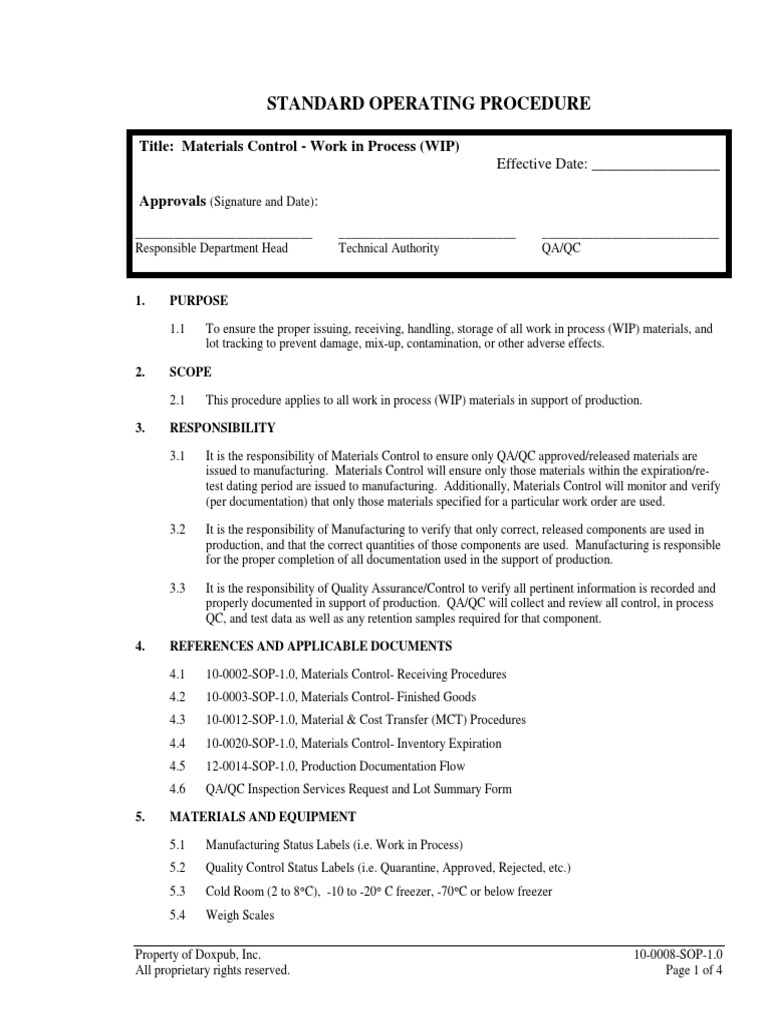 Standard Operating Procedure: Title: Materials Control - Work in ...