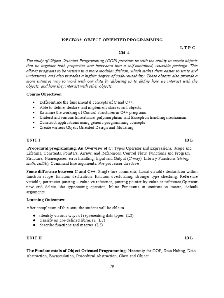 Syllabus Pdf C Object Oriented Programming