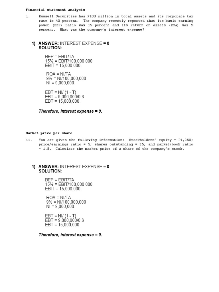 1) Answer: Interest Expense 0 Solution:: Financial Statement Analysis | PDF