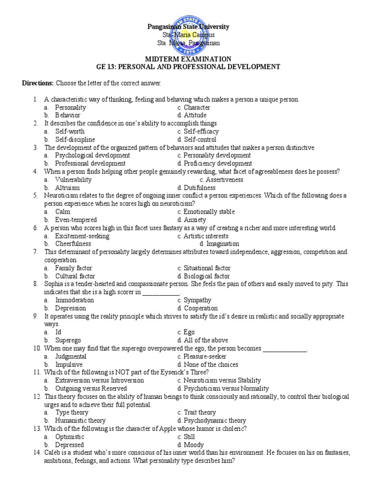 Pangasinan State University | PDF | Extraversion And Introversion | Self Esteem