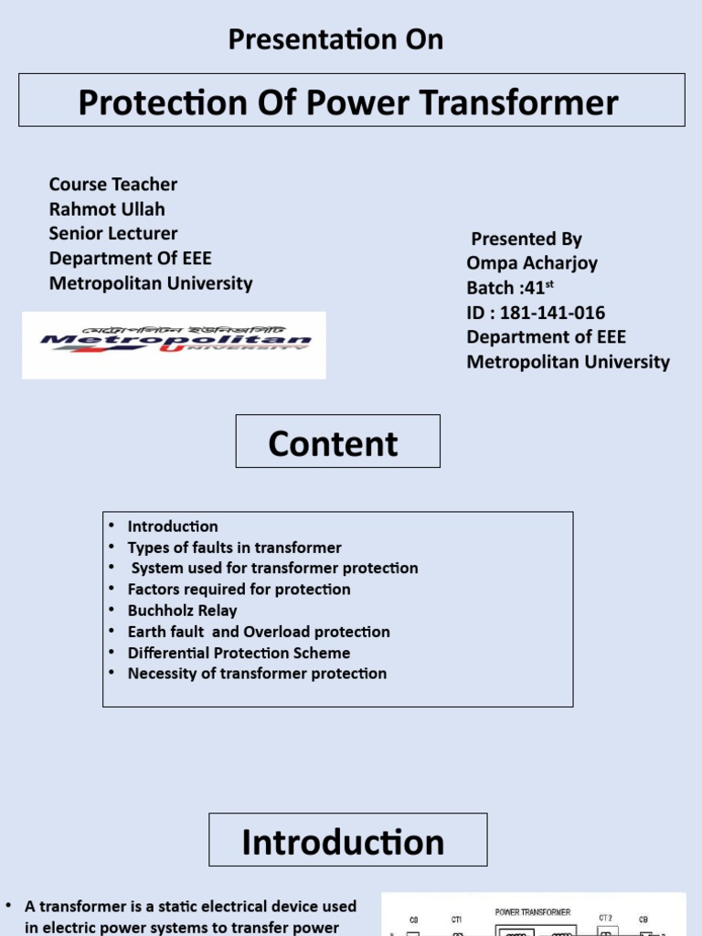 Power Transformer Protection Presentation | PDF | Transformer | Relay
