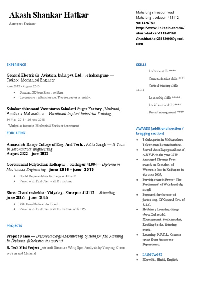 Akash Shankar Hatkar: Trainee Mechanical Engineer | PDF | Mechanical Engineering | Engineering