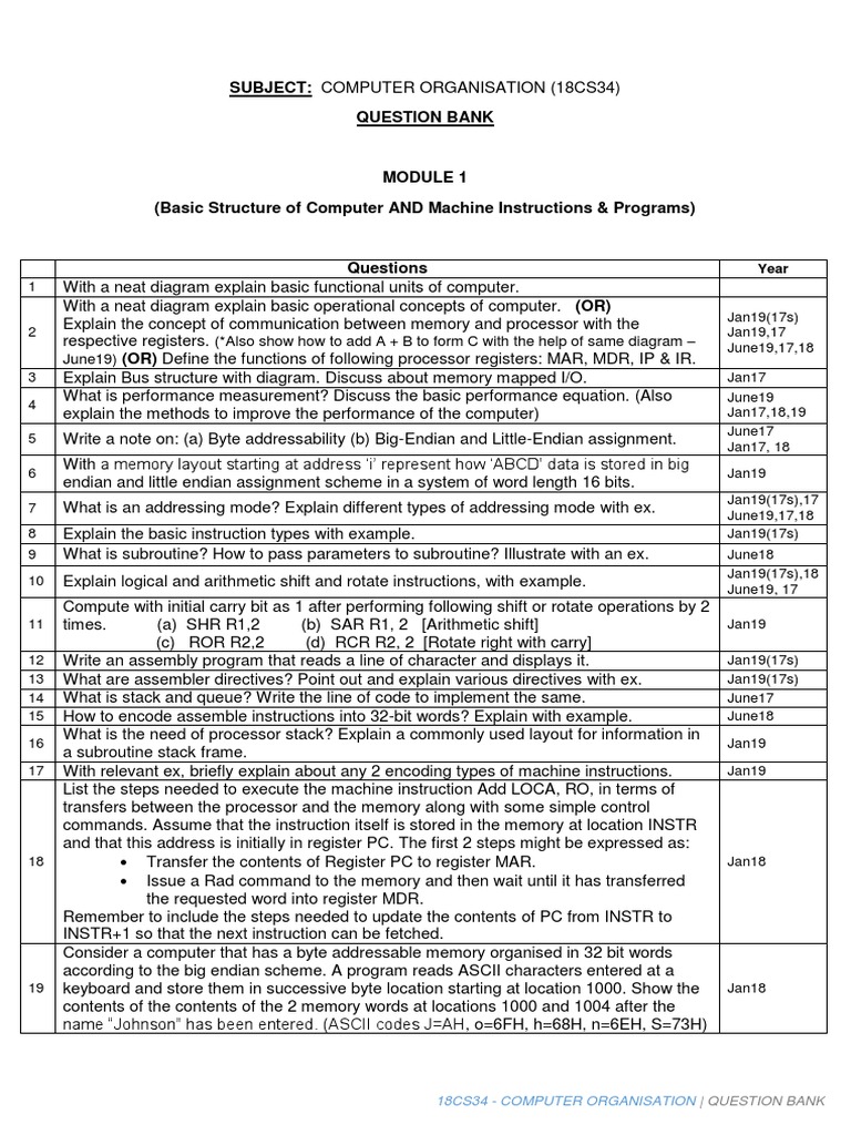 Subject: Computer Organisation (18Cs34) Question Bank | PDF | Random Access Memory | Cpu Cache