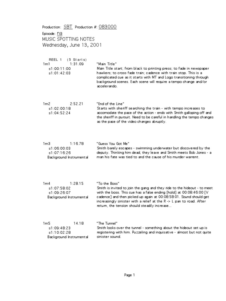 SBT 083000 Na Music Spotting Notes Wednesday, June 13, 2001: REEL 1 (5 ...