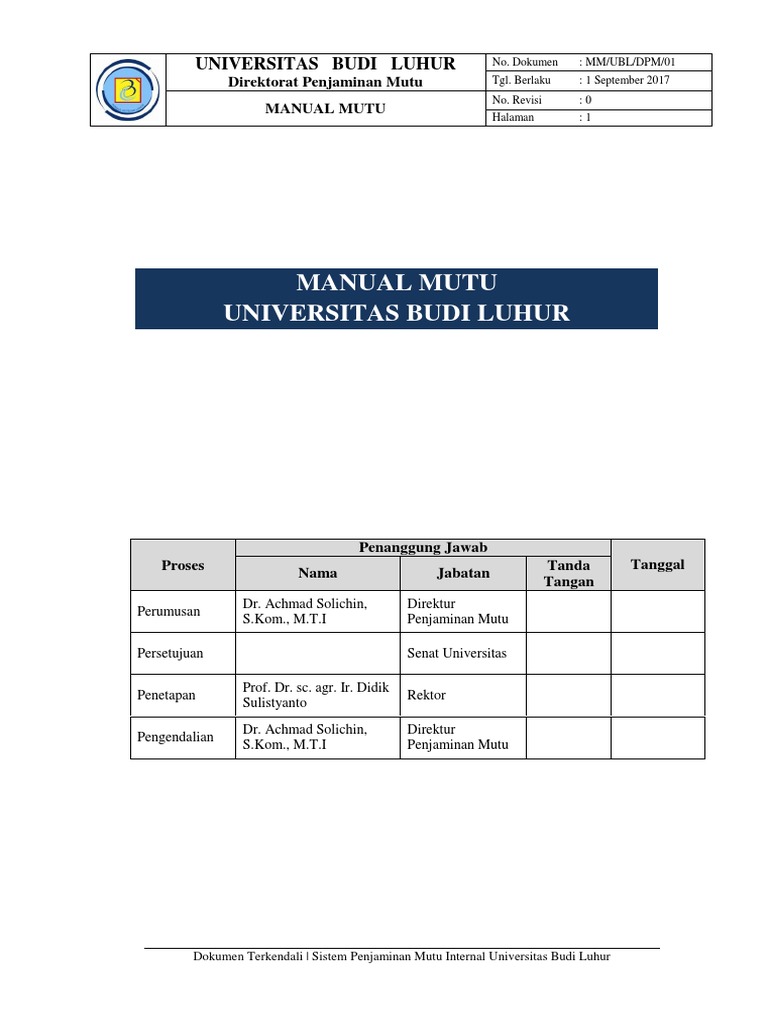 (MM - UBL - DPM - 01) Manual Mutu | PDF
