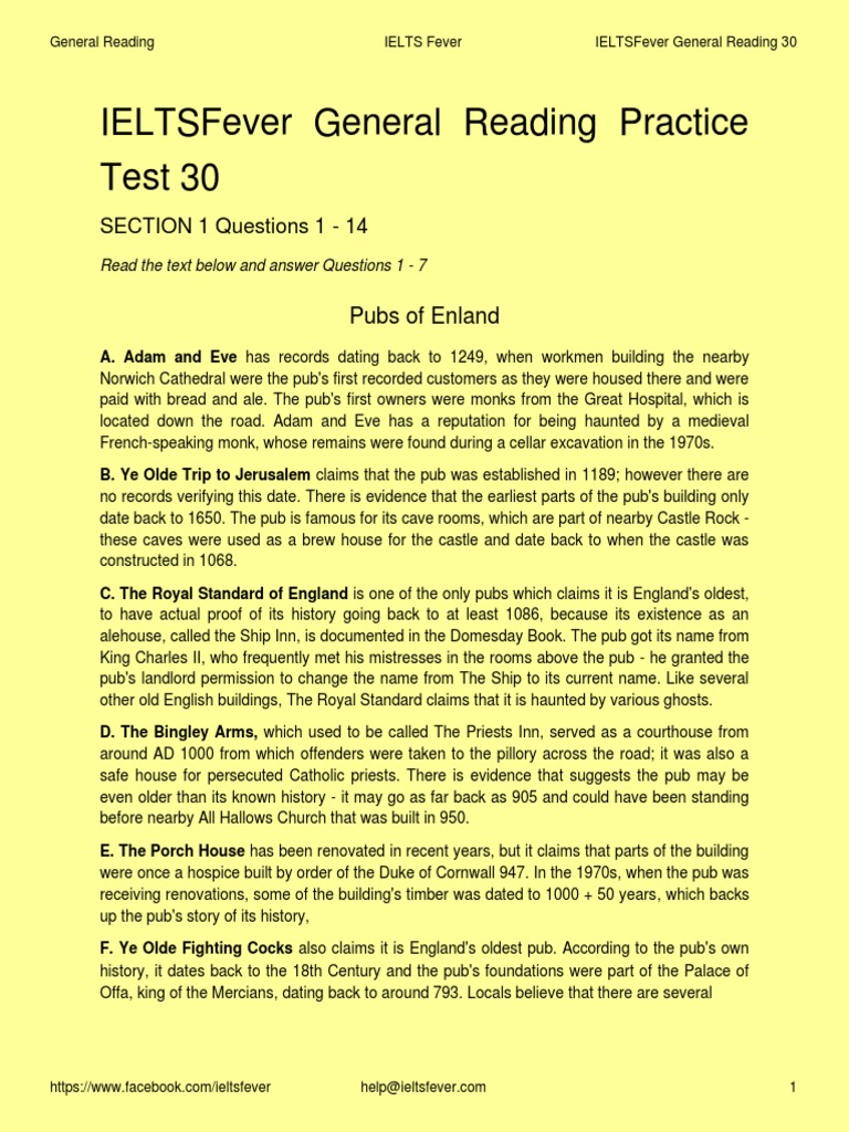 Ieltsfever General Reading Practice Test 30: Section 1 Questions 1 - 14 ...