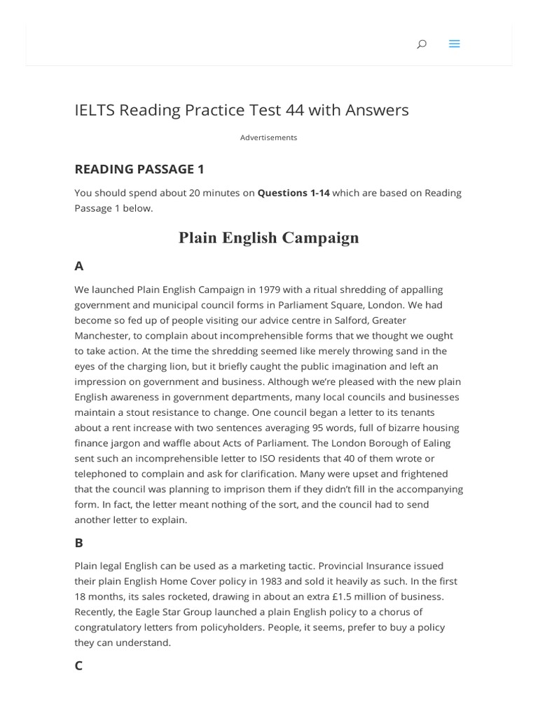 IELTS Reading Practice Test 44 With Answers: Plain English Campaign ...