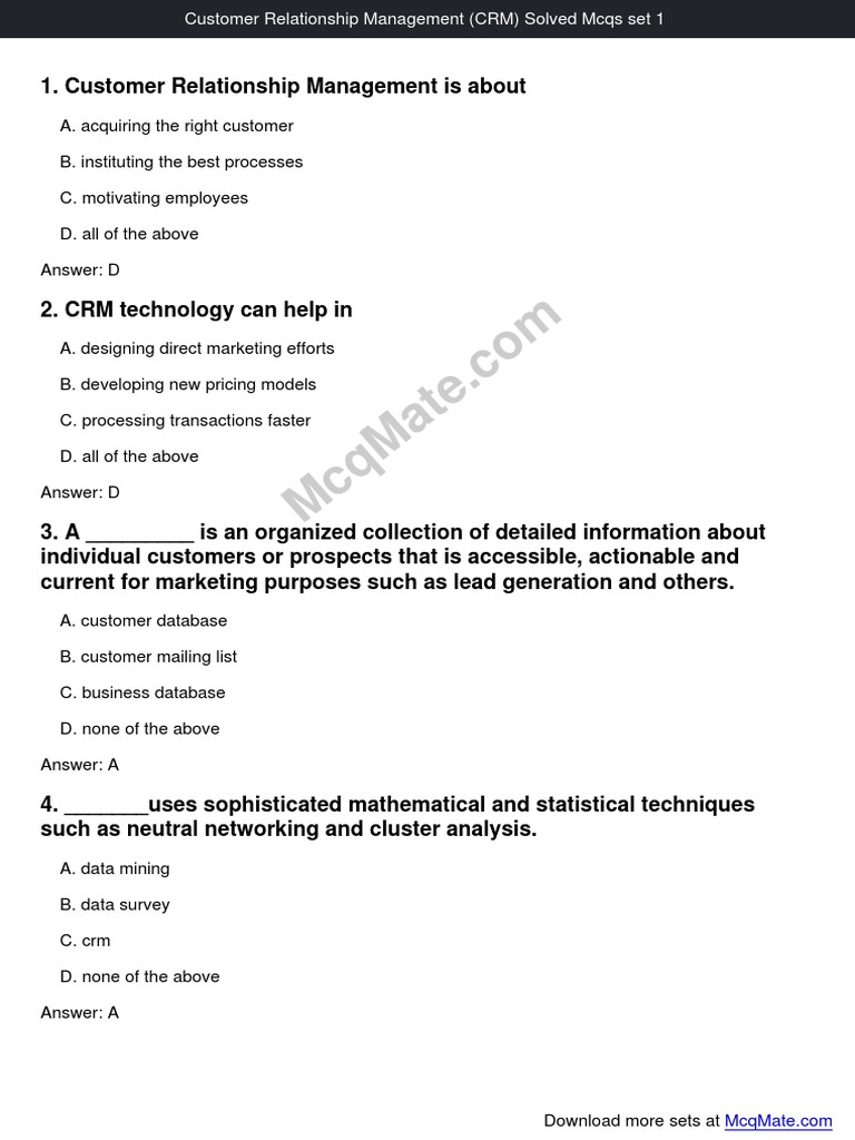 CRM MCQs and Answers for Exams | PDF | Customer Relationship Management ...