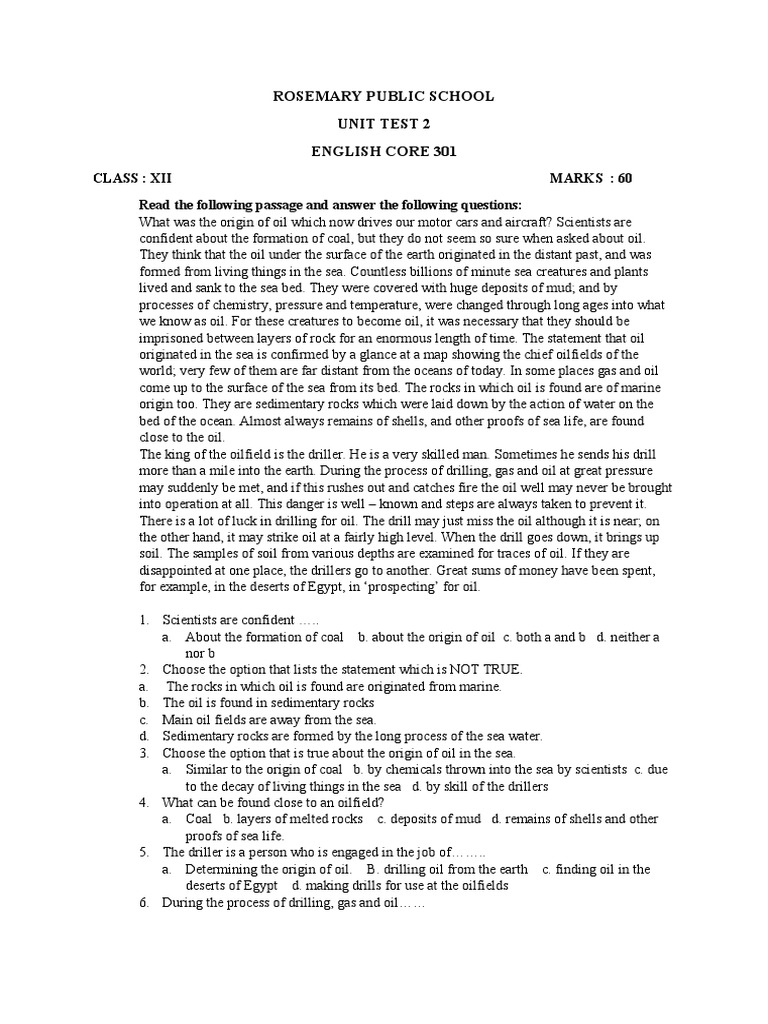 Rosemary Public School Unit Test 2 English Core 301 | PDF | Rock ...