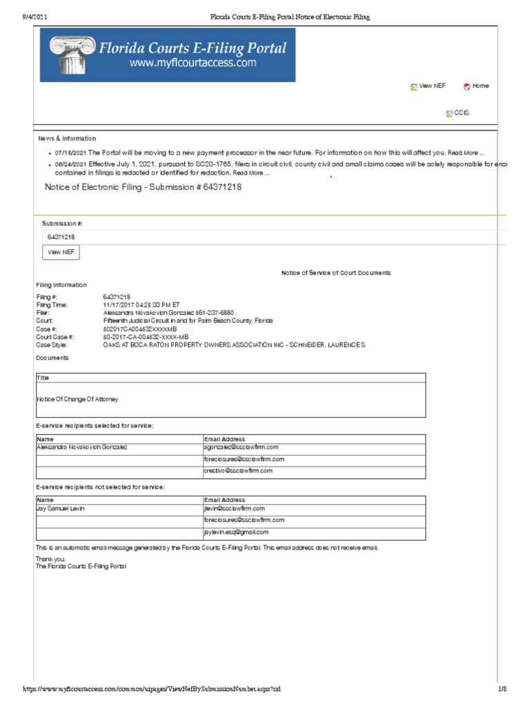 Notice of E-Filing #64371218 by Aleksandra N. Gonzalez, Esq. (Florida ...