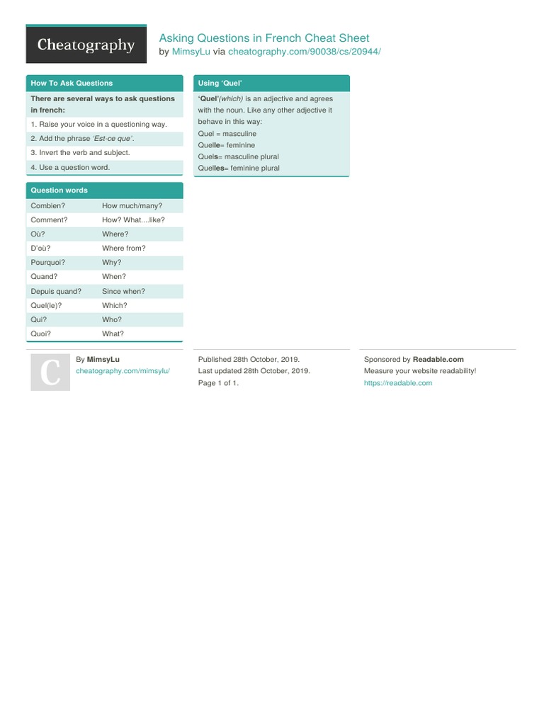 Asking Questions in French Cheat Sheet: by Via | PDF