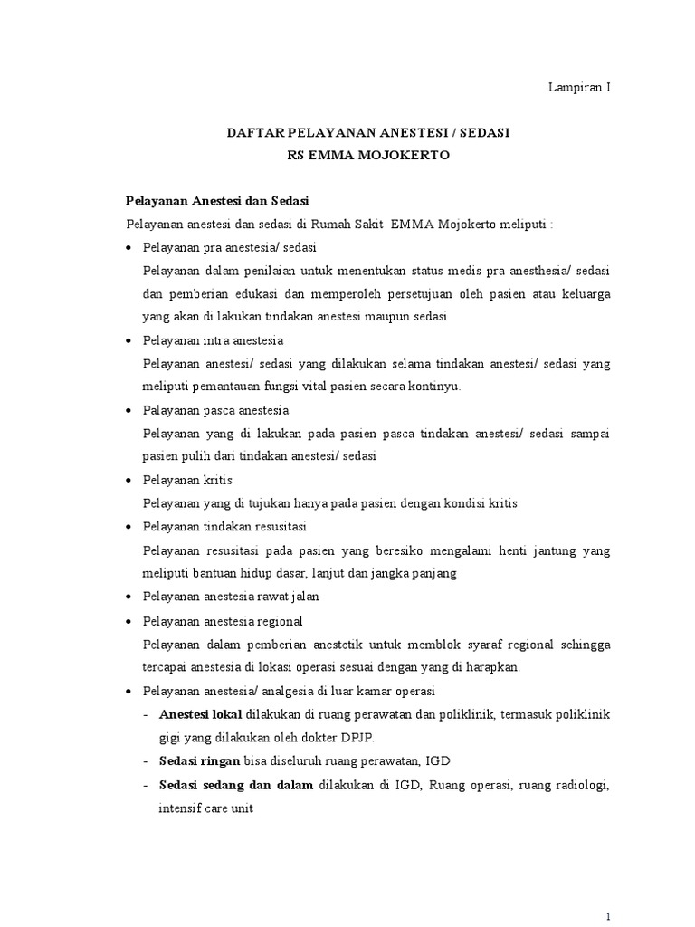 Daftar Pelayanan Anestesi Dan Sedasi | PDF