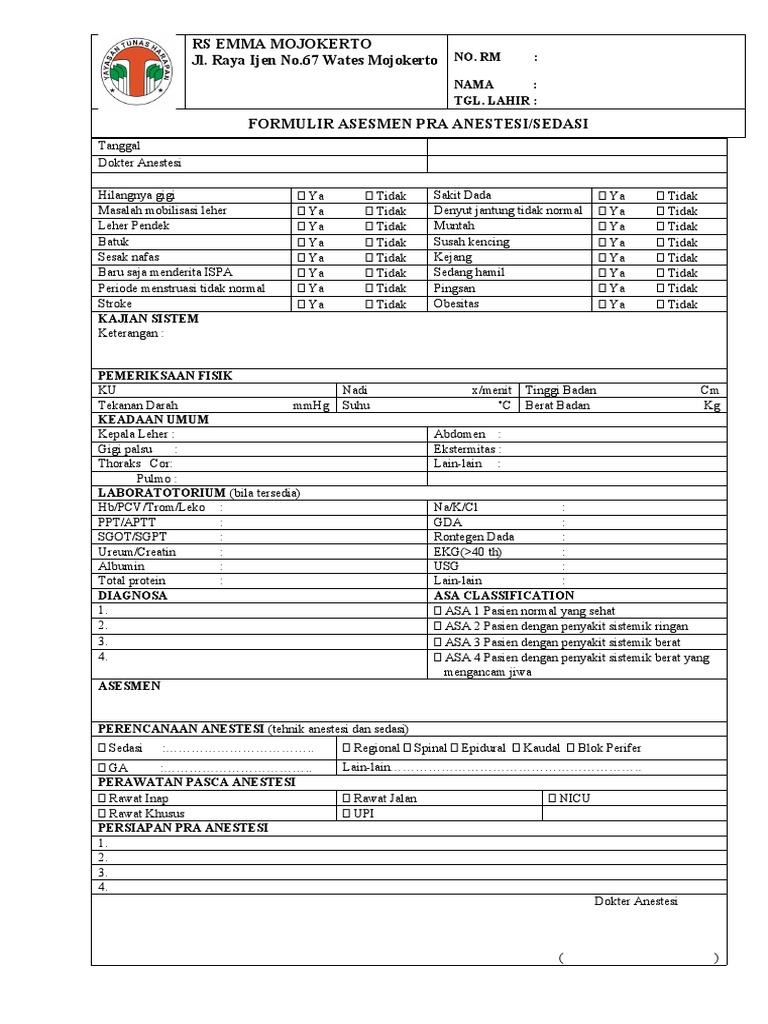 Pre-Anesthesia Assessment Form | PDF